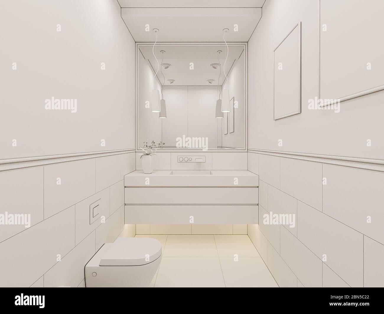 3D render interior of the bathroom in a private cottage. Toilet ...