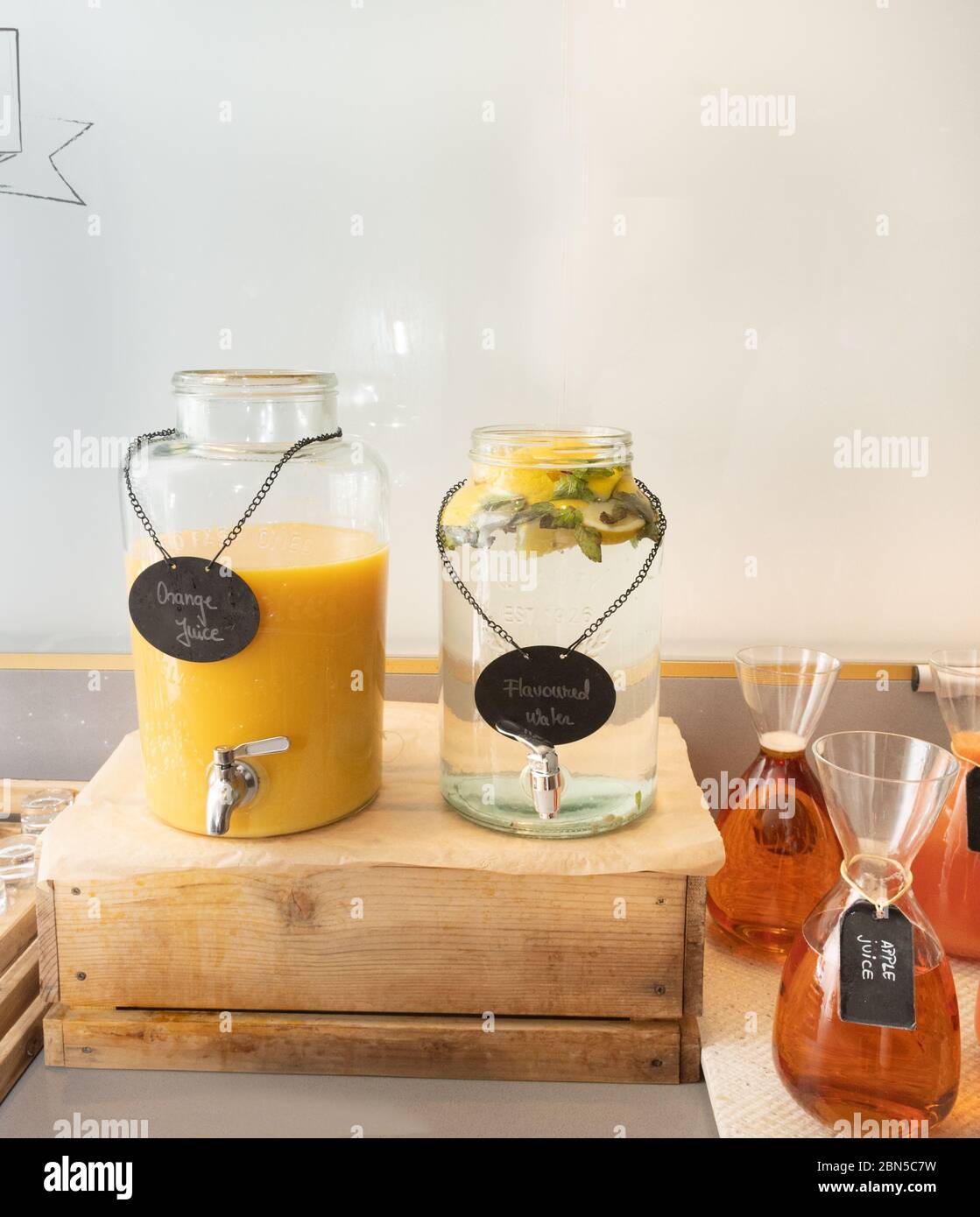 Selection of self service catering continental breakfast buffet display ...