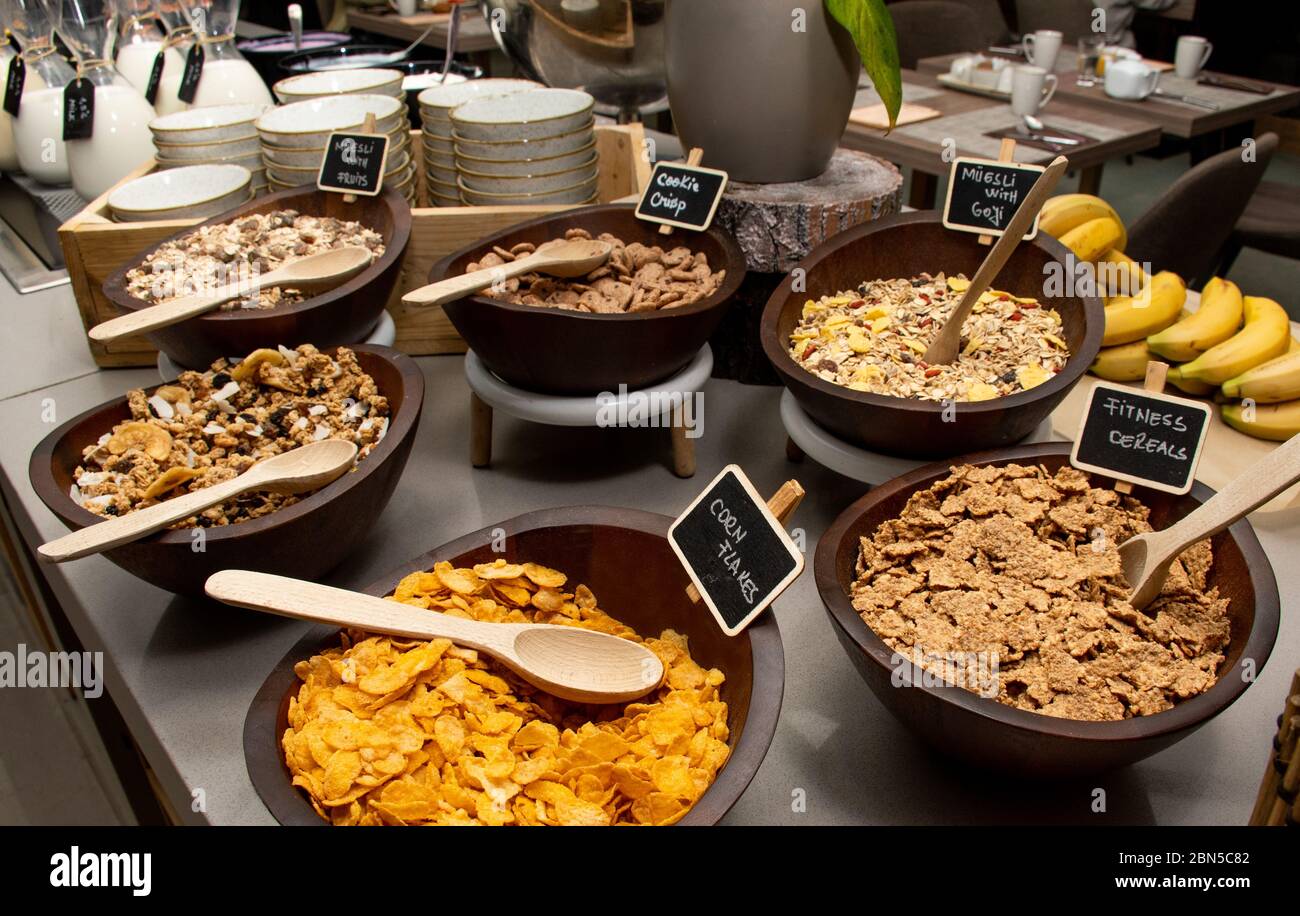 Selection of self service catering continental breakfast buffet display ...
