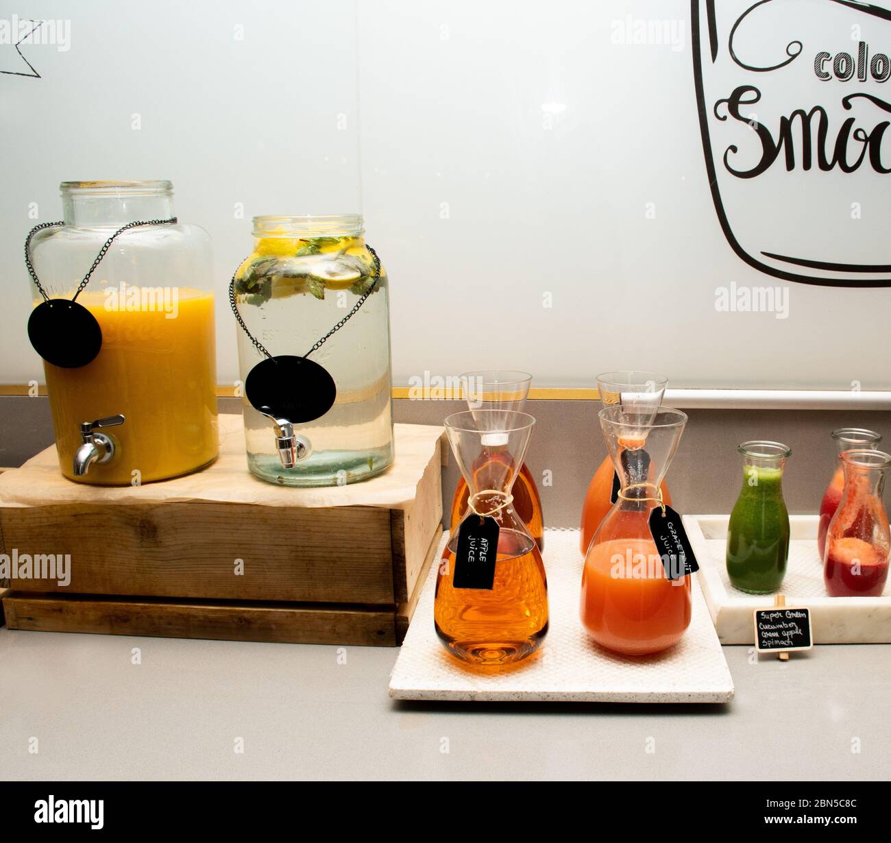 Selection of self service catering continental breakfast buffet display ...