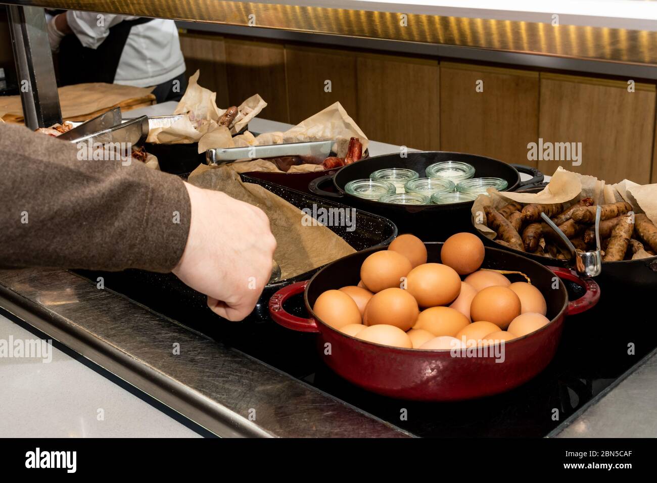 Selection of self service english continental breakfast buffet display ...