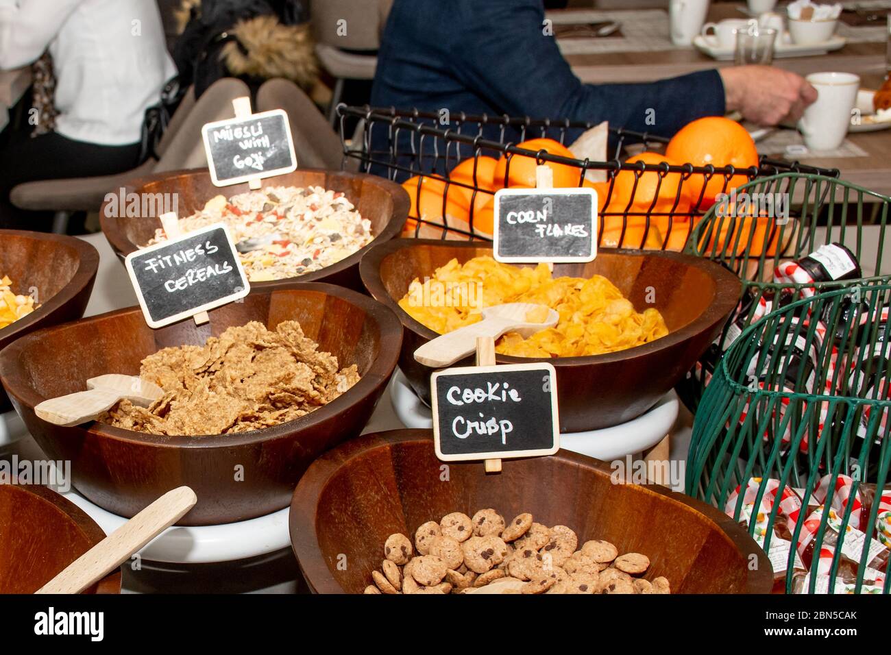 Selection self service continental breakfast buffet display, catering ...