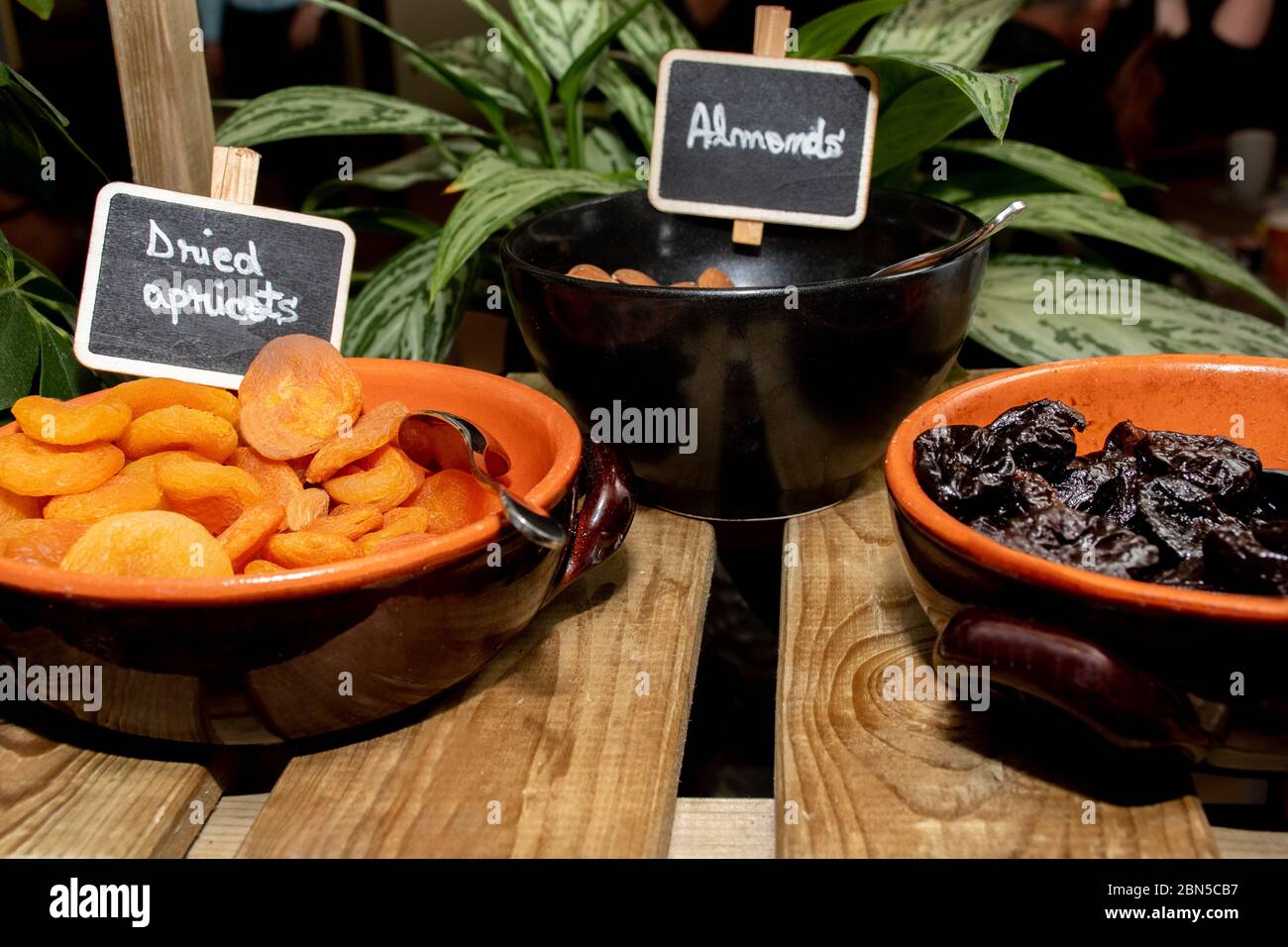 Selection self service continental breakfast buffet display, catering ...