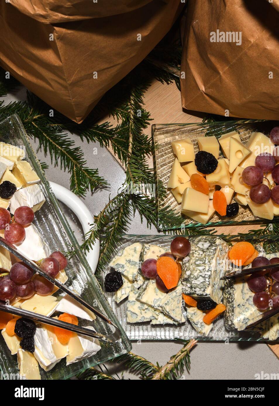 French cheese selection cuts on platters served during food brunch ...