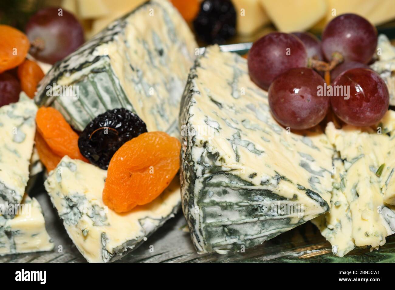 French cheese selection cuts on platters served during food brunch ...