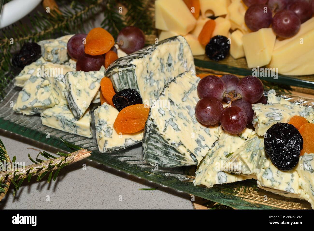French cheese selection cuts on platters served during food brunch ...