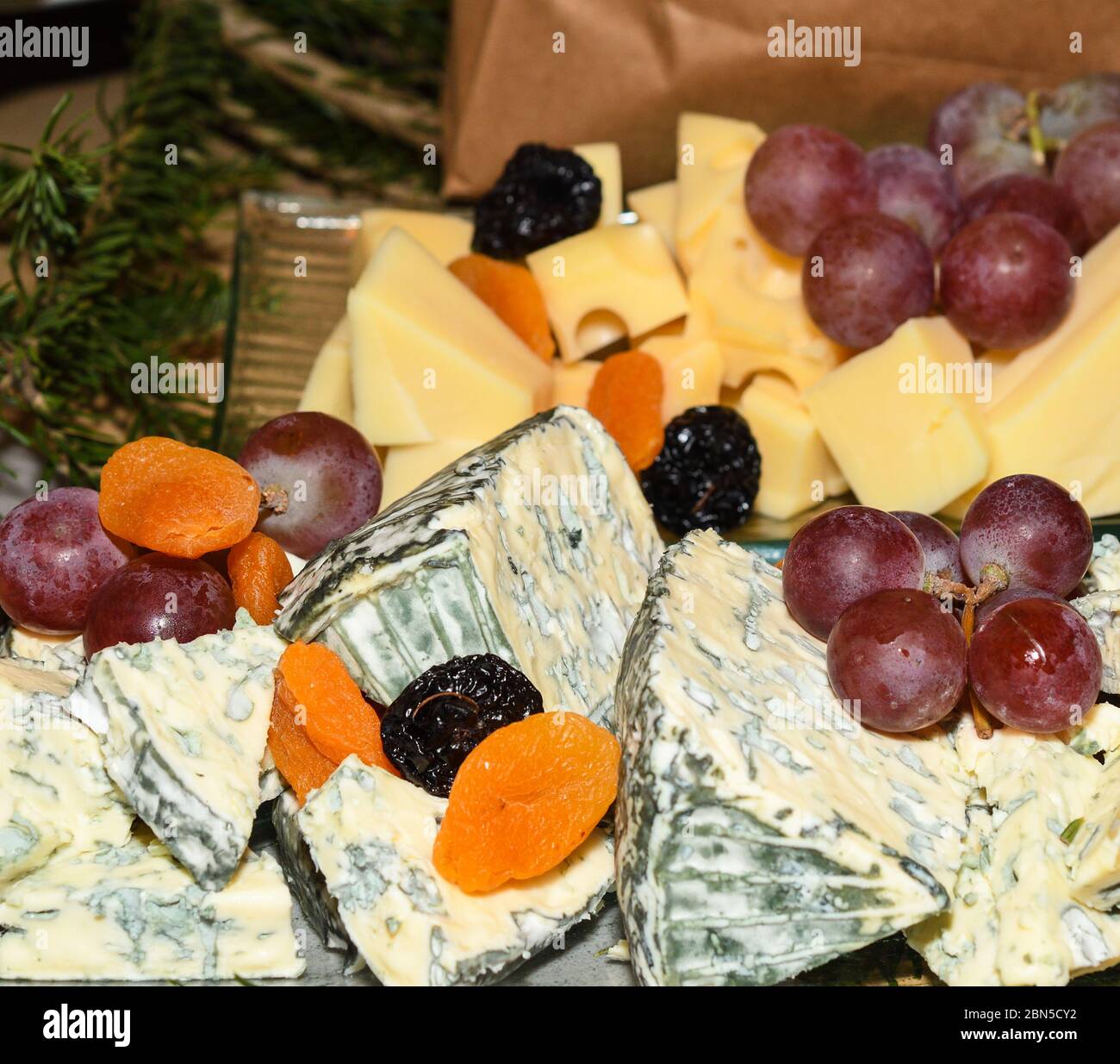 French cheese selection cuts on platters served during food brunch ...