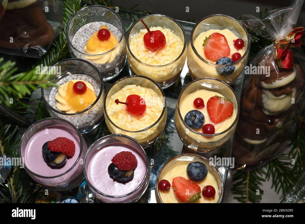 Various desserts in candy bar food buffet during hotel brunch, catering ...