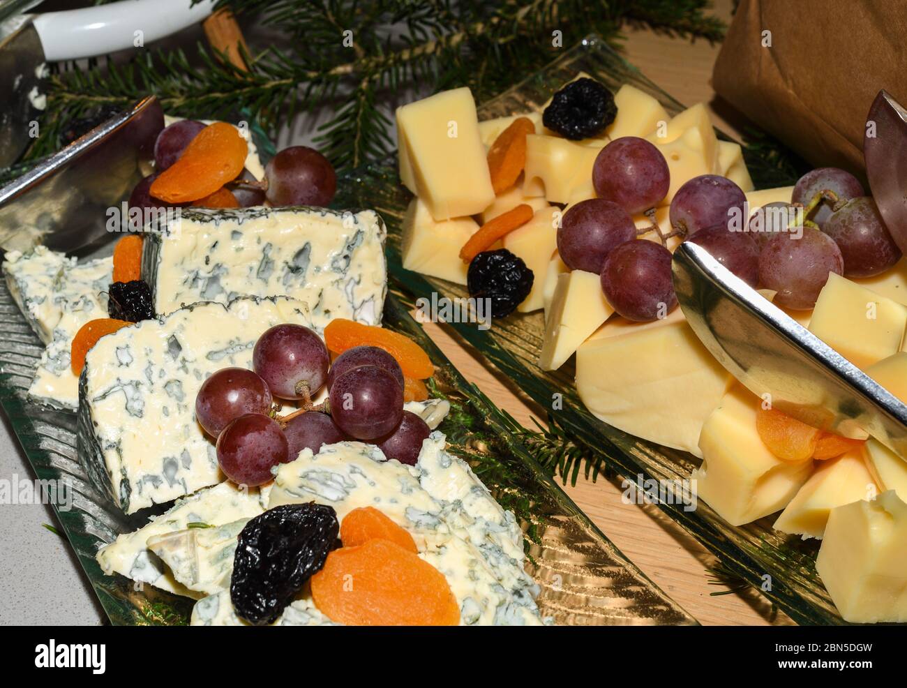 Cheese selection cuts on platters served during food brunch buffet ...