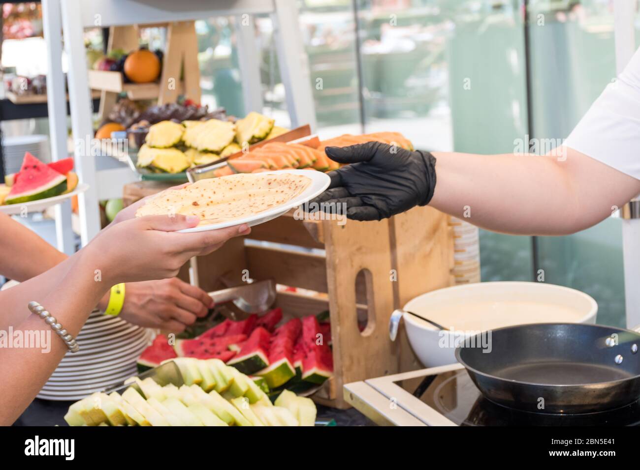 Selection of self service catering continental breakfast buffet display ...