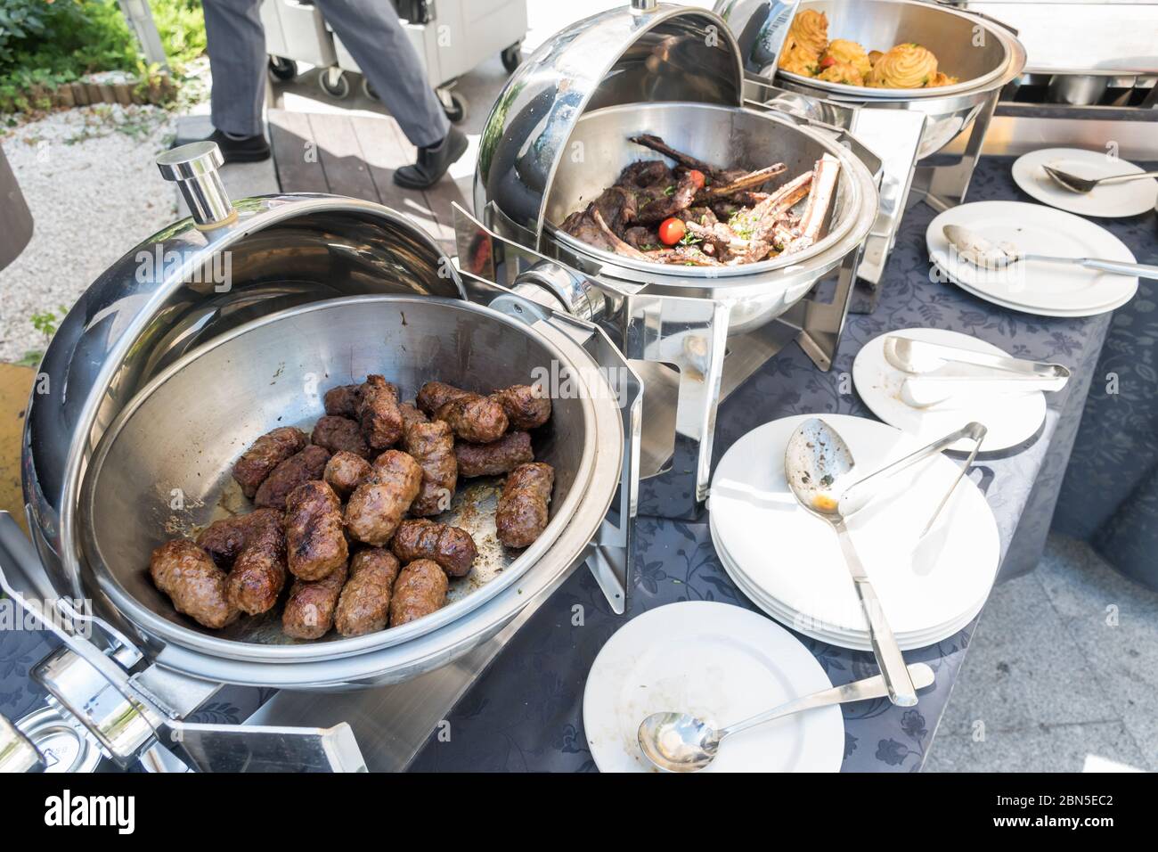 Live food stations. Kitchenware in the line catering summer brunch ...