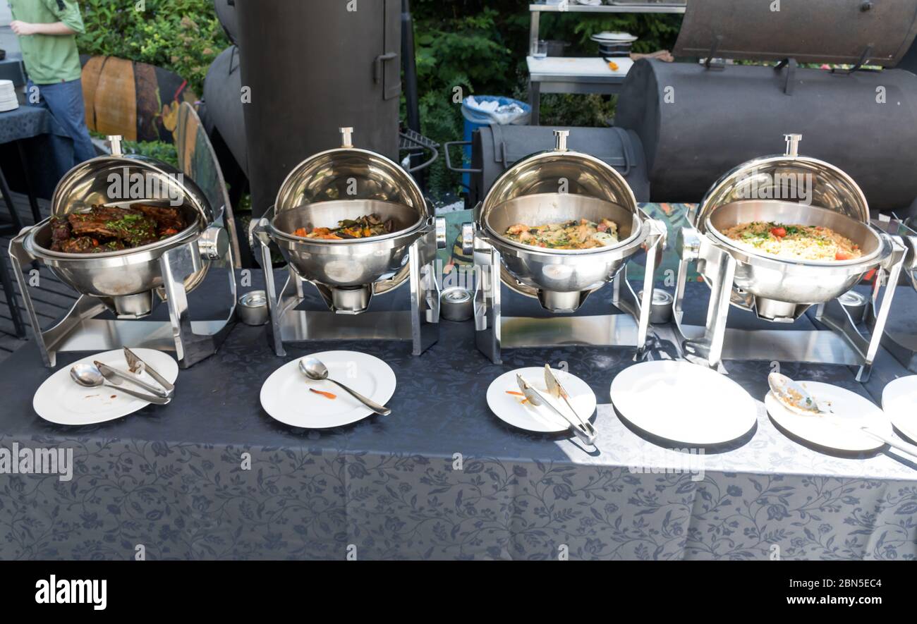 Live food stations. Kitchenware in the line catering summer brunch ...