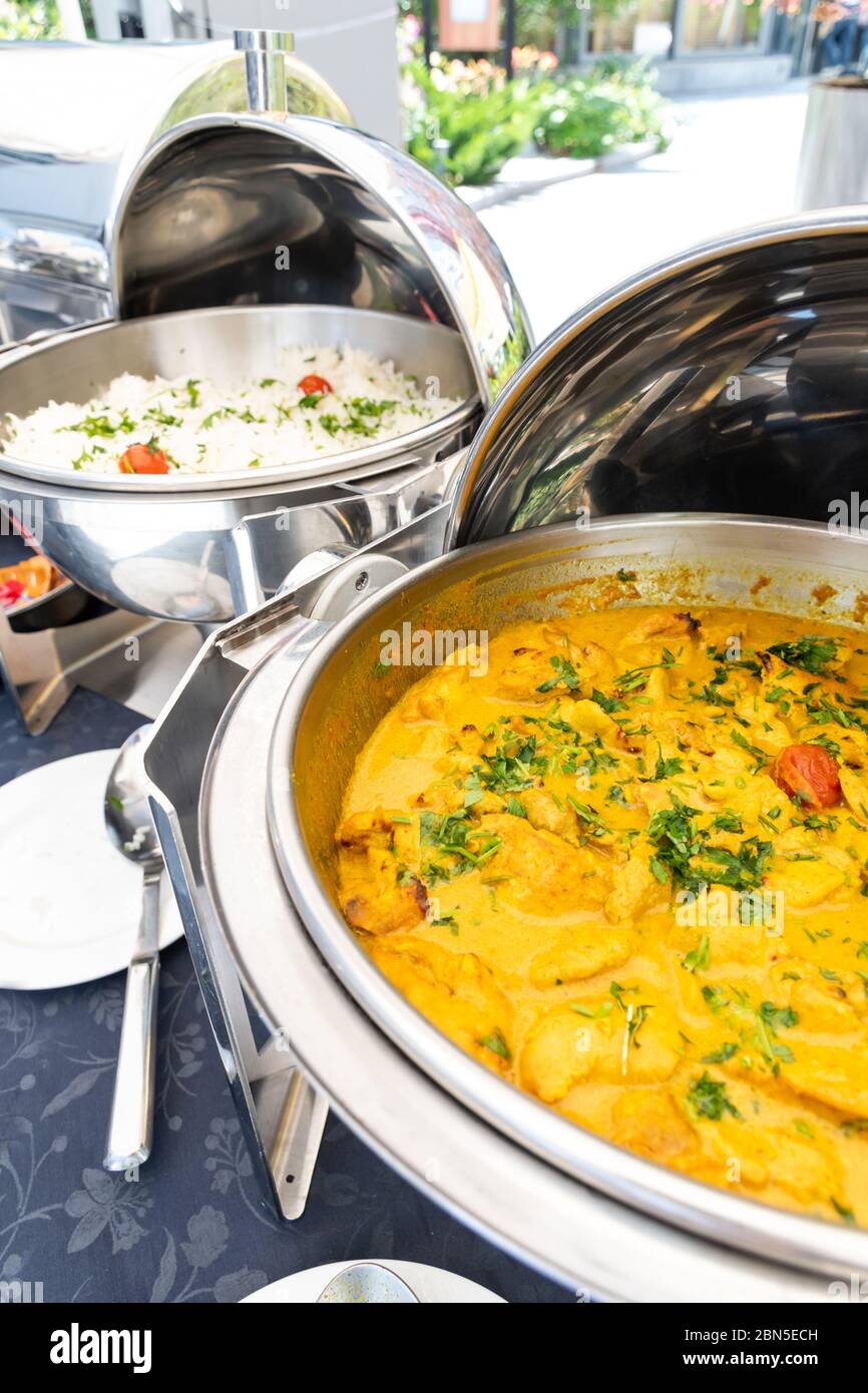 Live food stations. Kitchenware in the line catering summer brunch ...