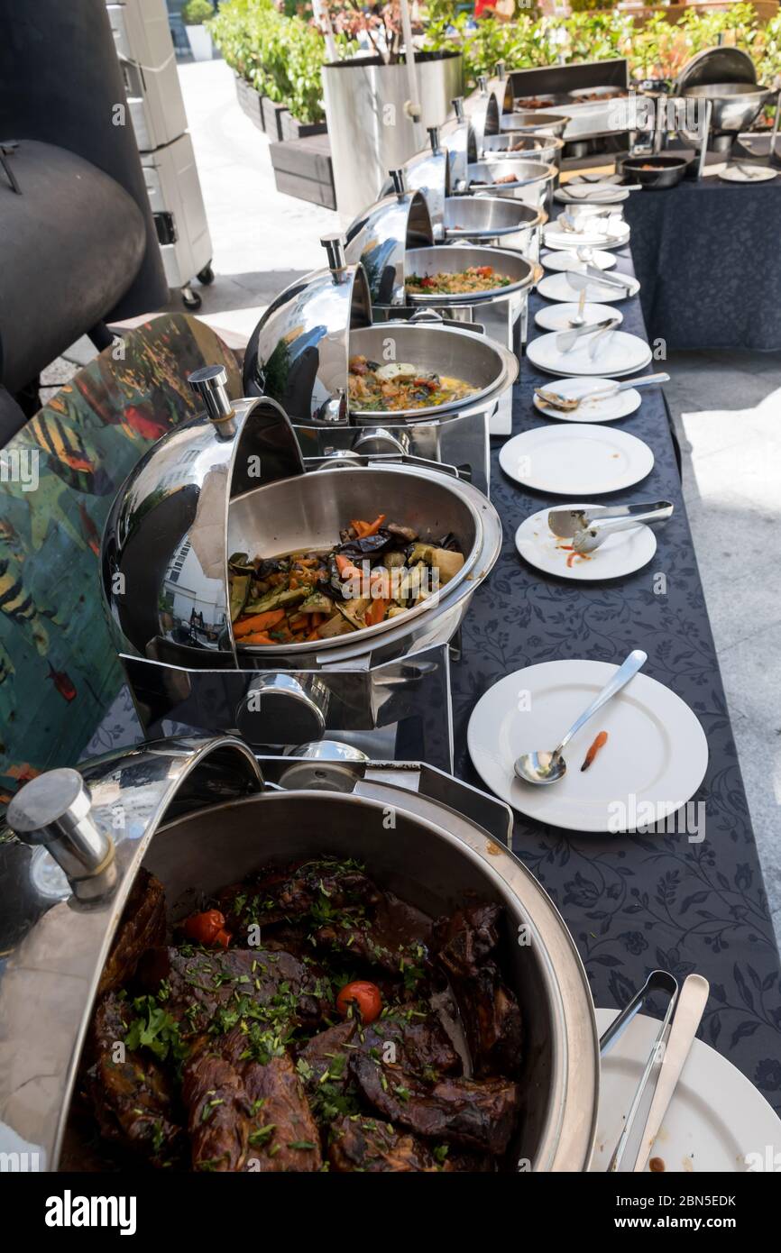 Live food stations. Kitchenware in the line catering summer brunch ...