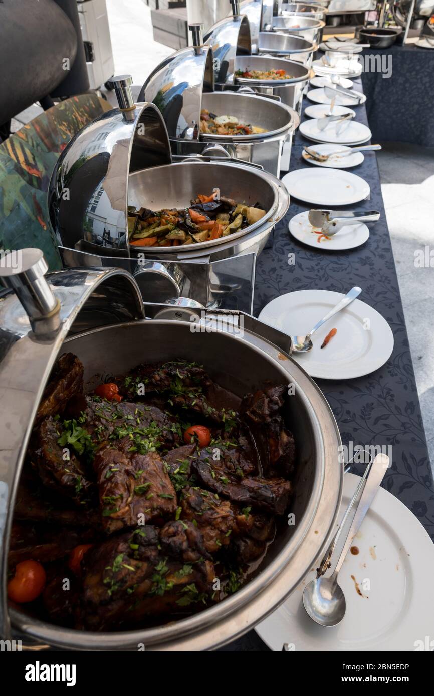 Live food stations. Kitchenware in the line catering summer brunch ...