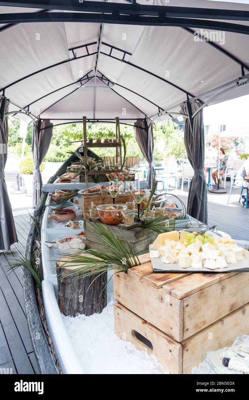 Live food stations. Kitchenware in the line catering summer brunch ...