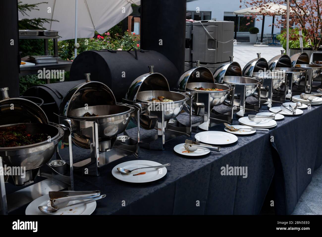 Live food stations. Kitchenware in the line catering summer brunch ...