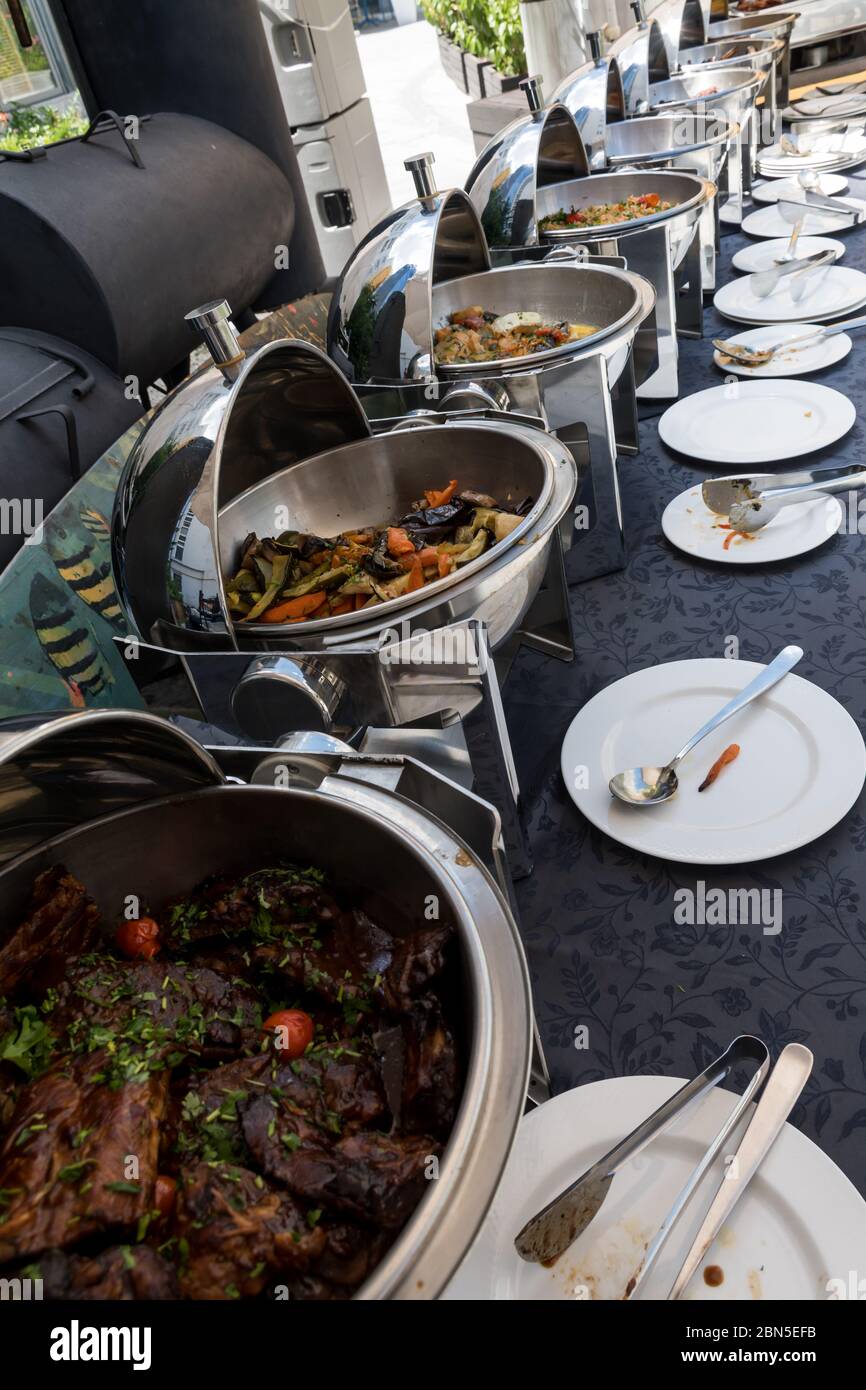 Live food stations. Kitchenware in the line catering summer brunch ...