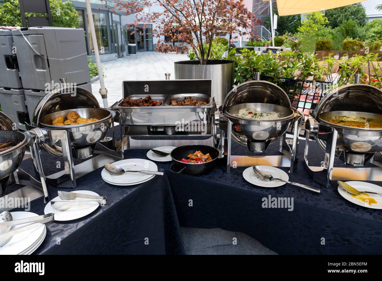 Live food stations. Kitchenware in the line catering summer brunch ...