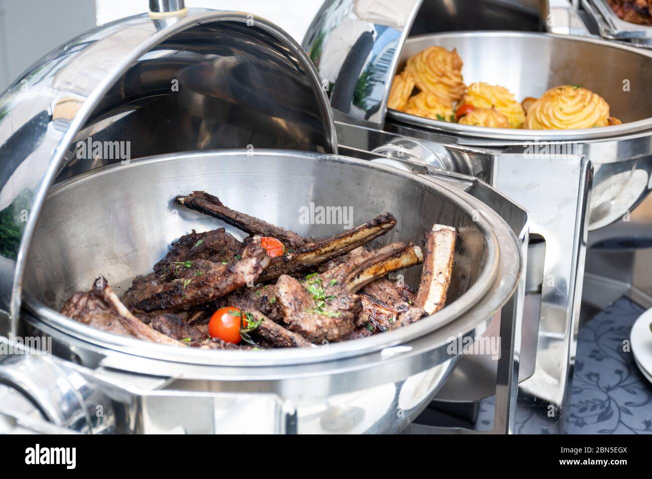 Live food stations. Kitchenware in the line catering summer brunch ...