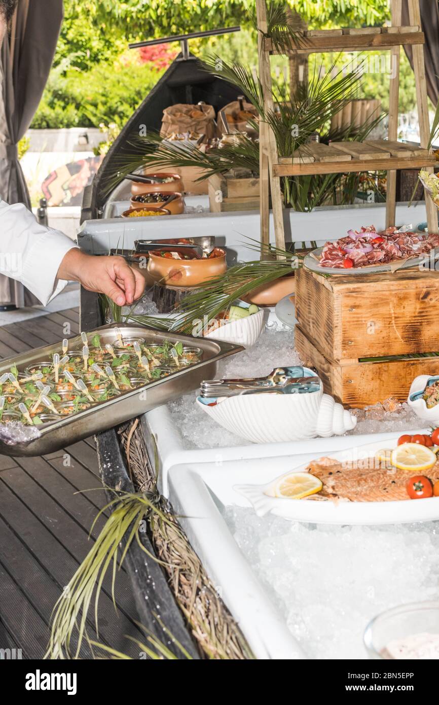 Luxury catering by the pool, food bloggers event, banquet, wedding, festive, hotel brunch buffet ...