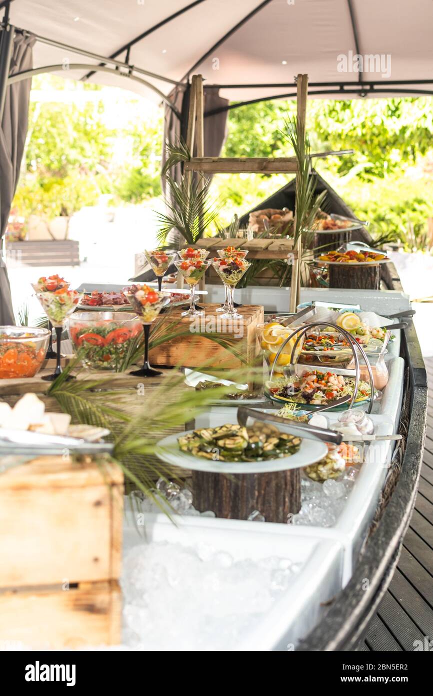 Luxury catering by the pool, food bloggers event, banquet, wedding, festive, hotel brunch buffet ...