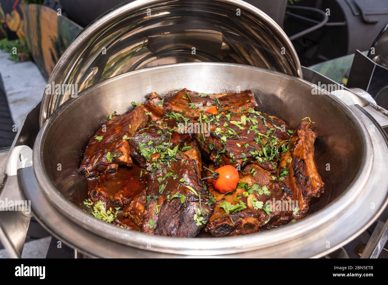 Live food stations. Kitchenware in the line catering summer brunch ...