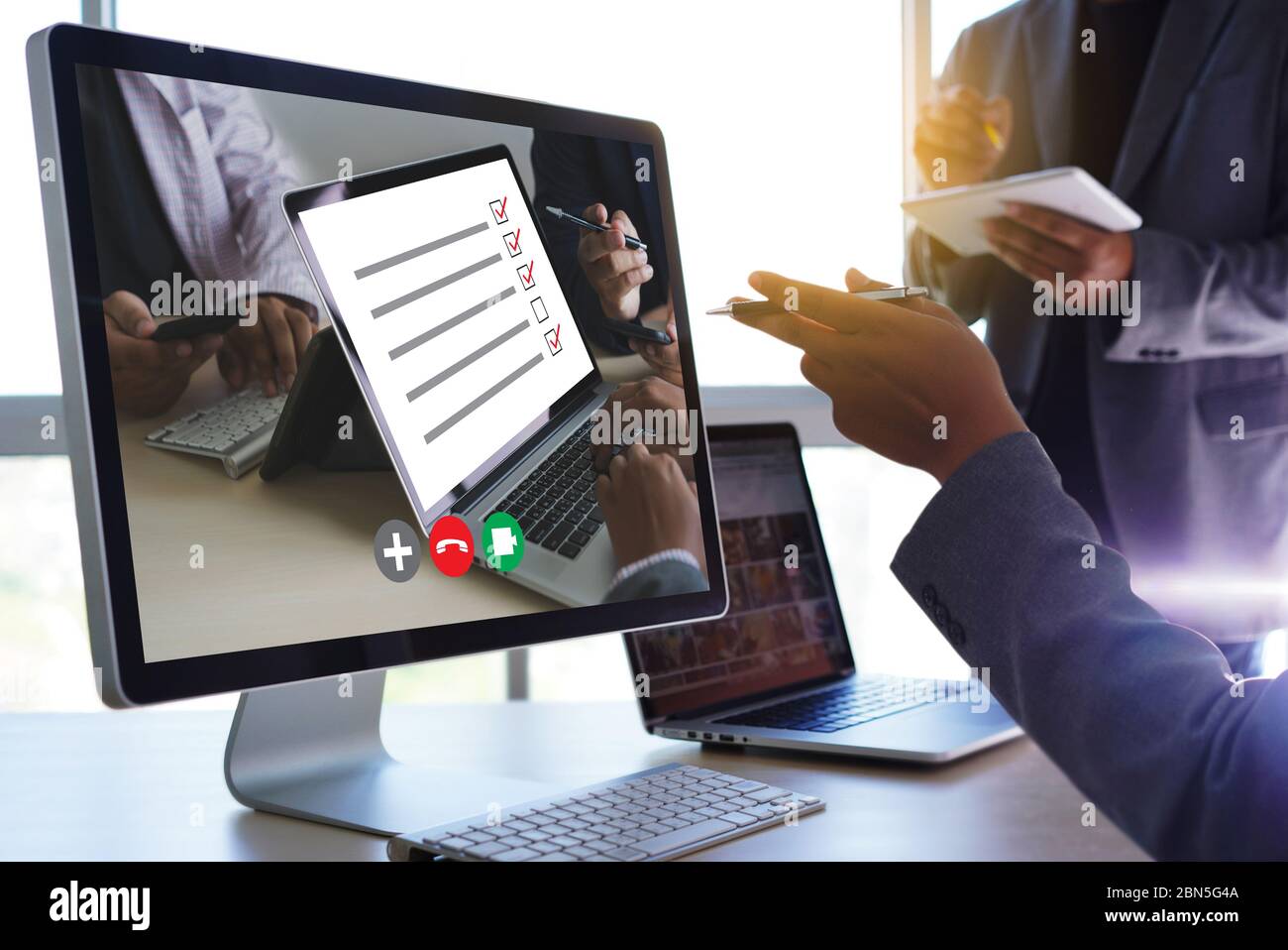 man talking business plan in video conference online meeting in video ...
