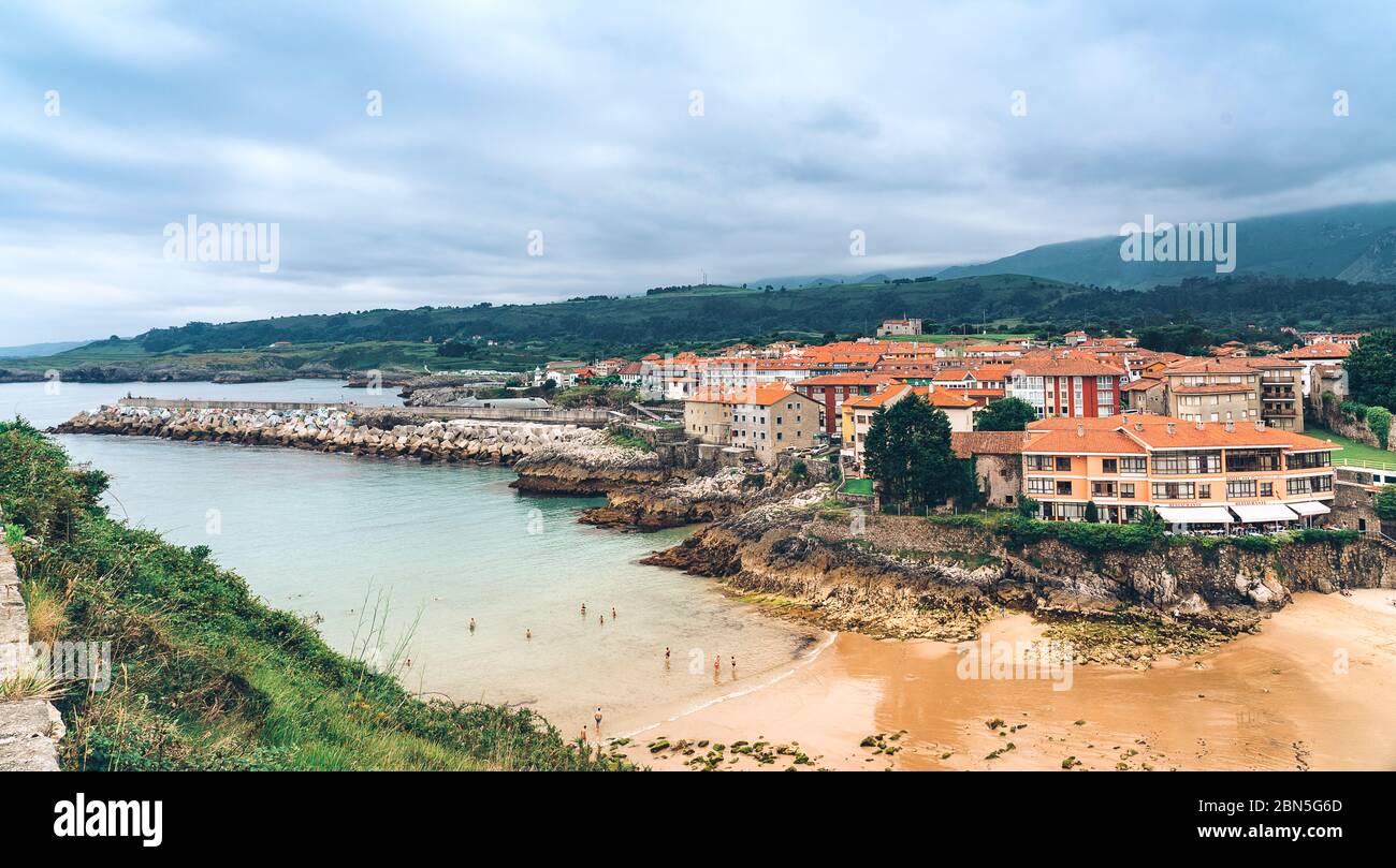 Panoramic view of El Sablon beach in Llanes, Asturias in Spain Stock ...