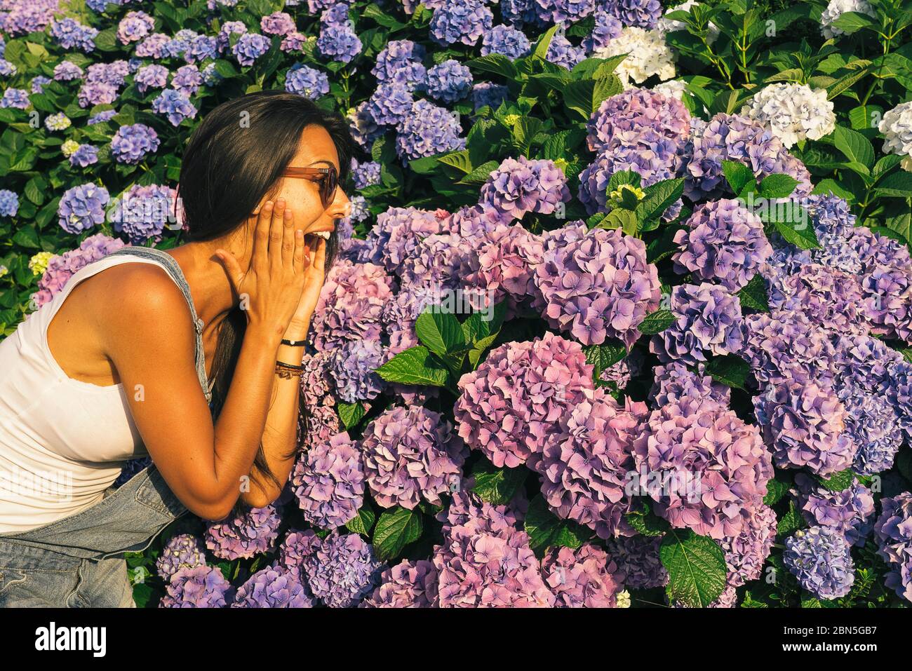 Surprised woman with hydrangea flowers Stock Photo - Alamy