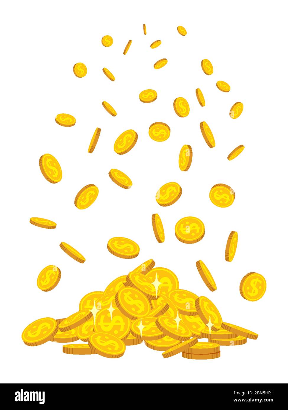Mountain of gold coins fall, flat cartoon style. Golden coins pile heap ...