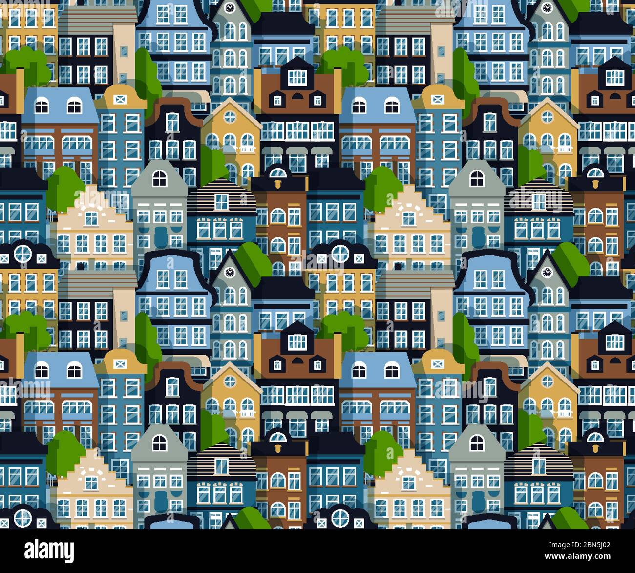 Houses street seamless pattern with tree Layered european building ...