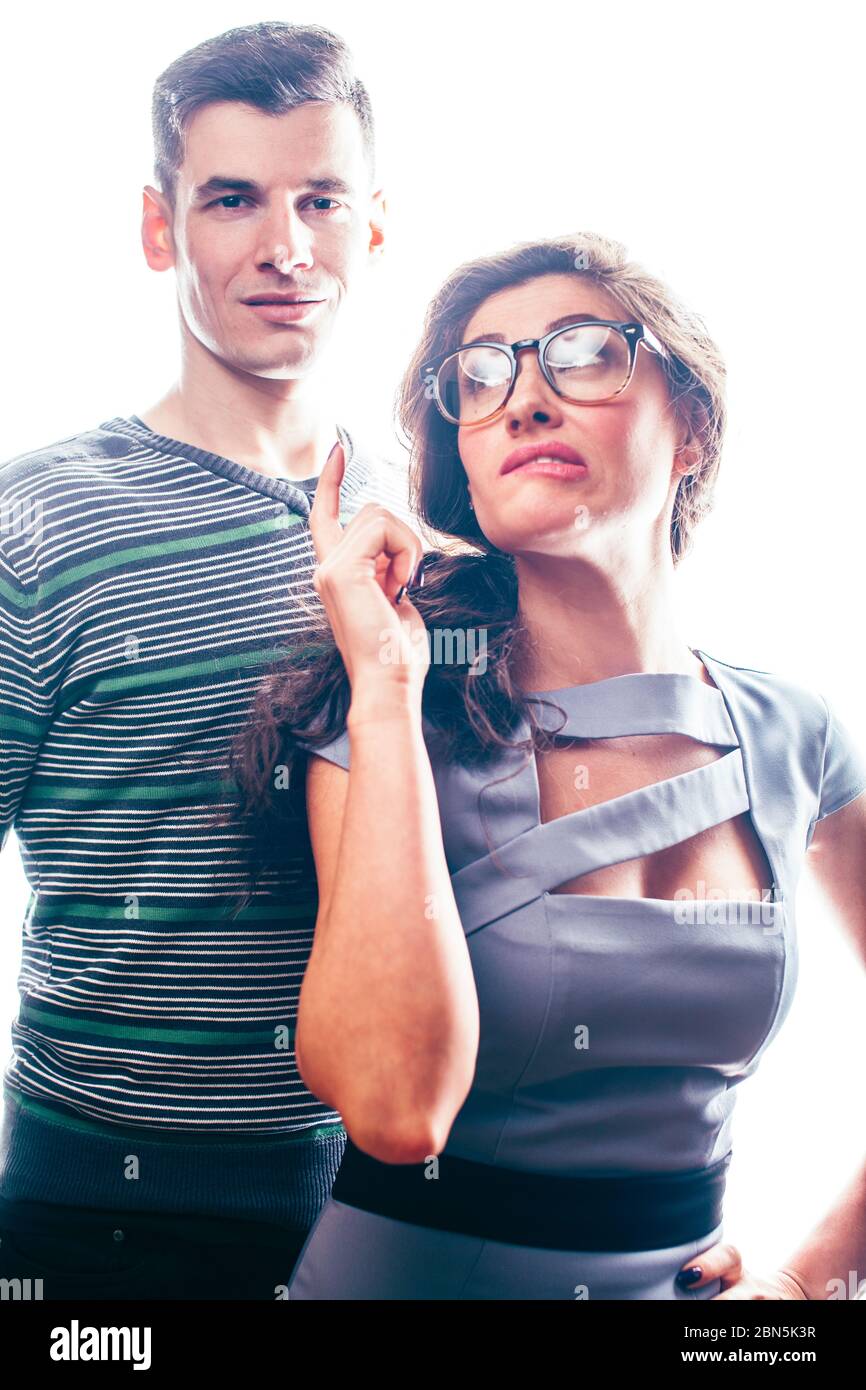 love affair at work, young pretty couple, man and woman together ...