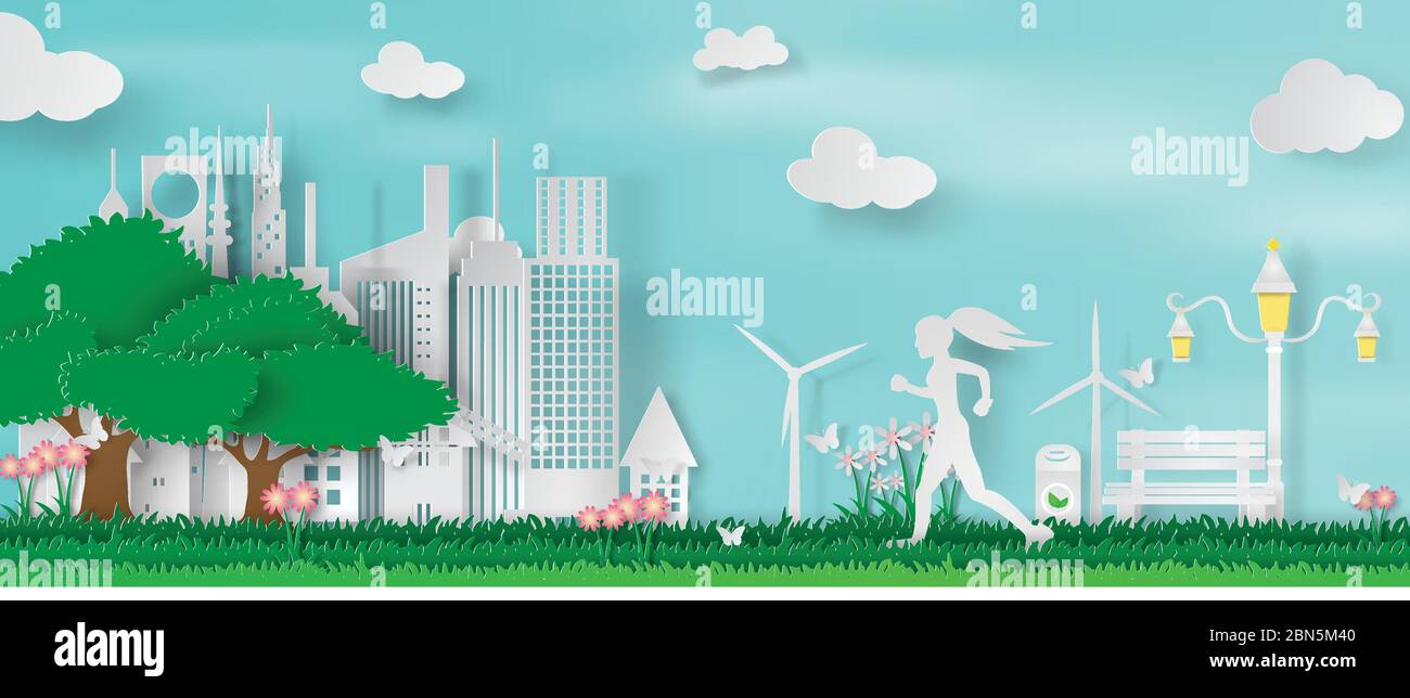 Paper art and craft of Green parks with woman running in city.vector ...