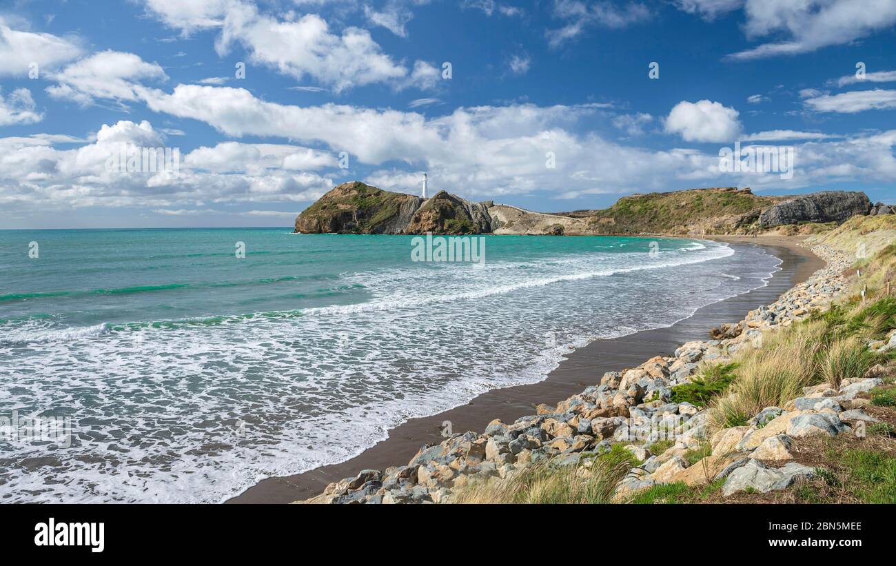 Beach with turquoise sea, in the back lighthouse of Castlepoint ...