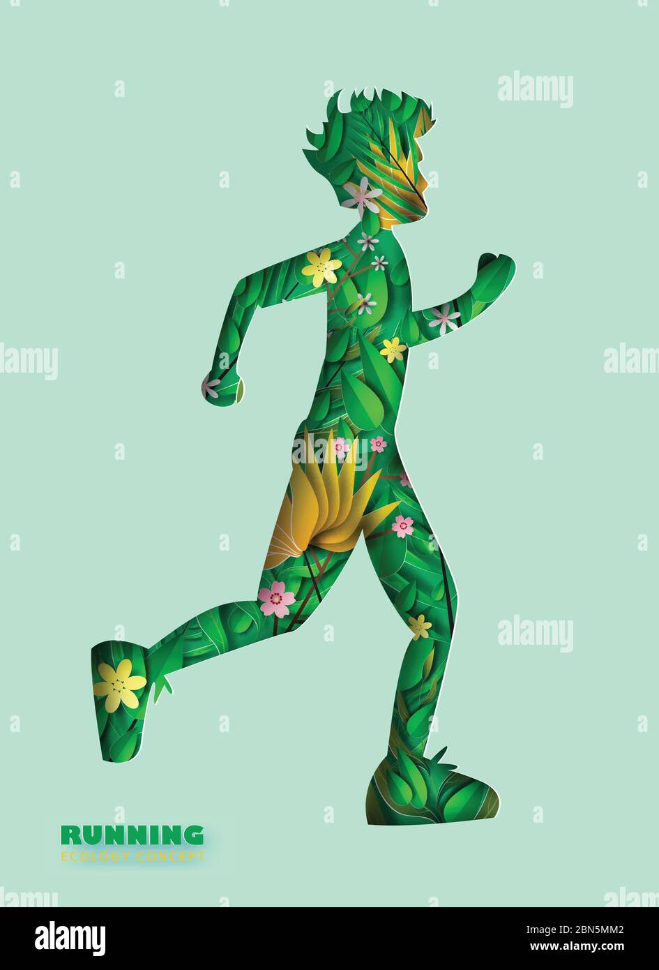 Paper art of running man silhouette curve shape with leaves and flower ...