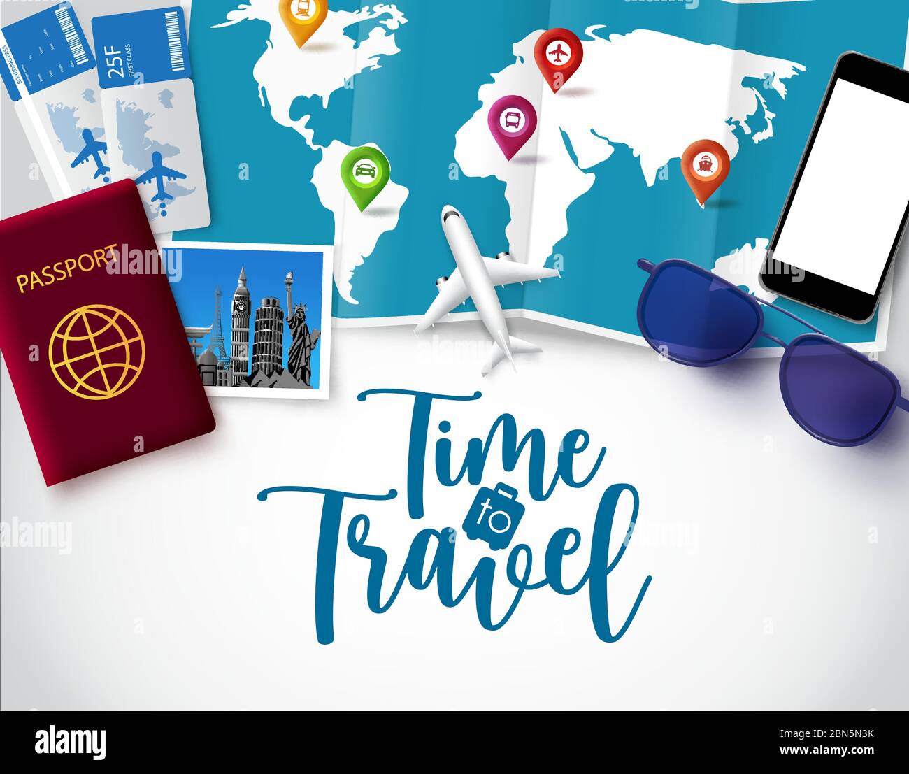 Time to travel vector banner template. Time to travel text in white ...