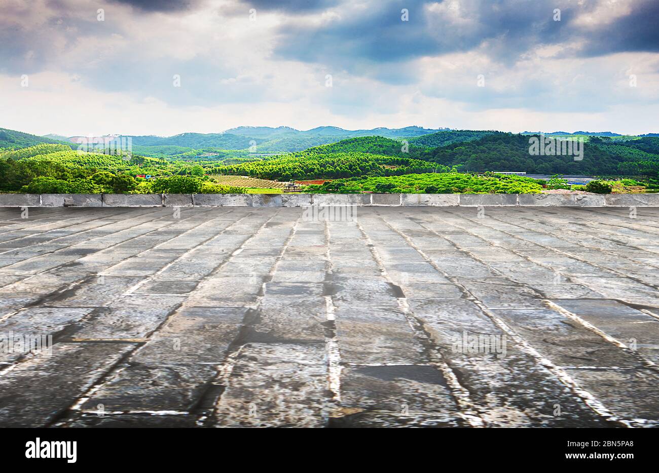 Unmanned blue brick pavement and peaceful mountain village natural ...