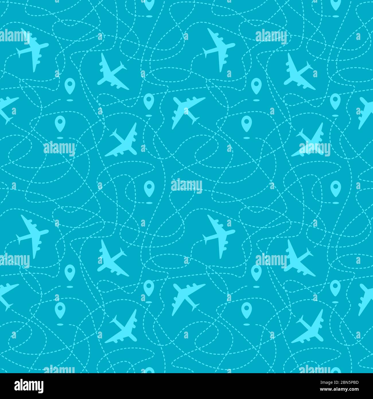 Seamless pattern with plane paths, start points and dashed routes. Blue ...