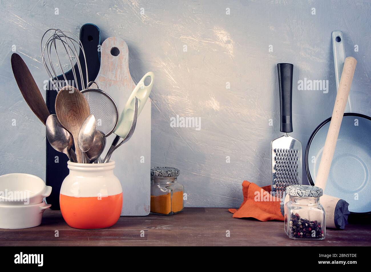 Kitchen utensils. Home kitchen decor concept. Front view Stock Photo ...