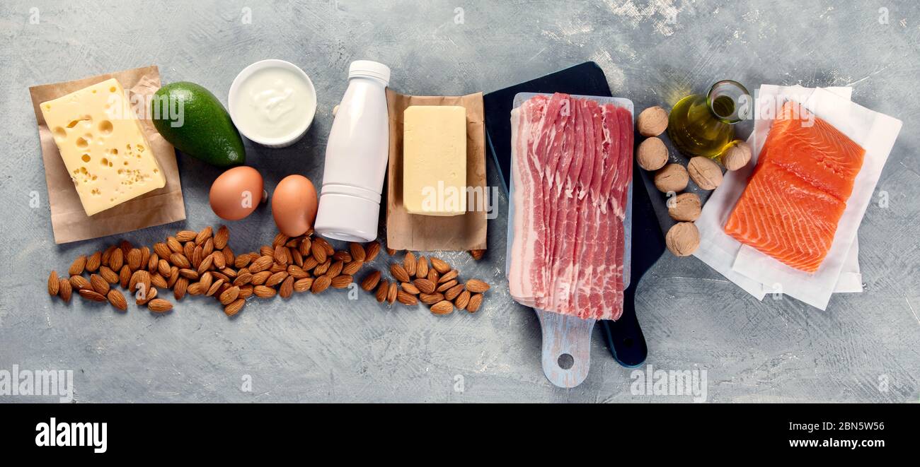 Foods rich in fats. Main food group - macronutrient fats. Top view ...