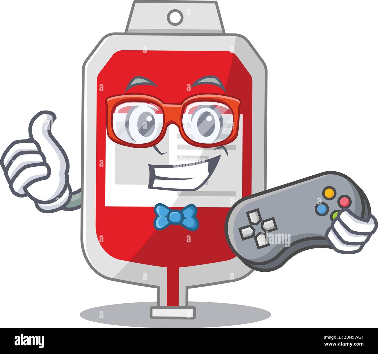 Mascot design style of blood plastic bag gamer playing with controller ...
