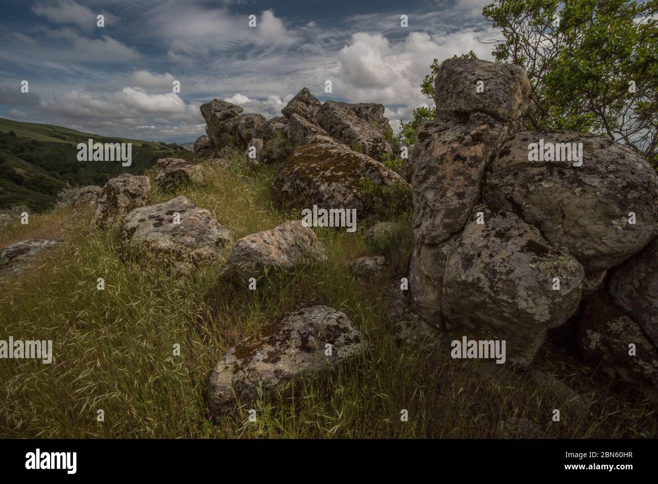 A rocky ridge overlooking the landscape in the bay area of California ...