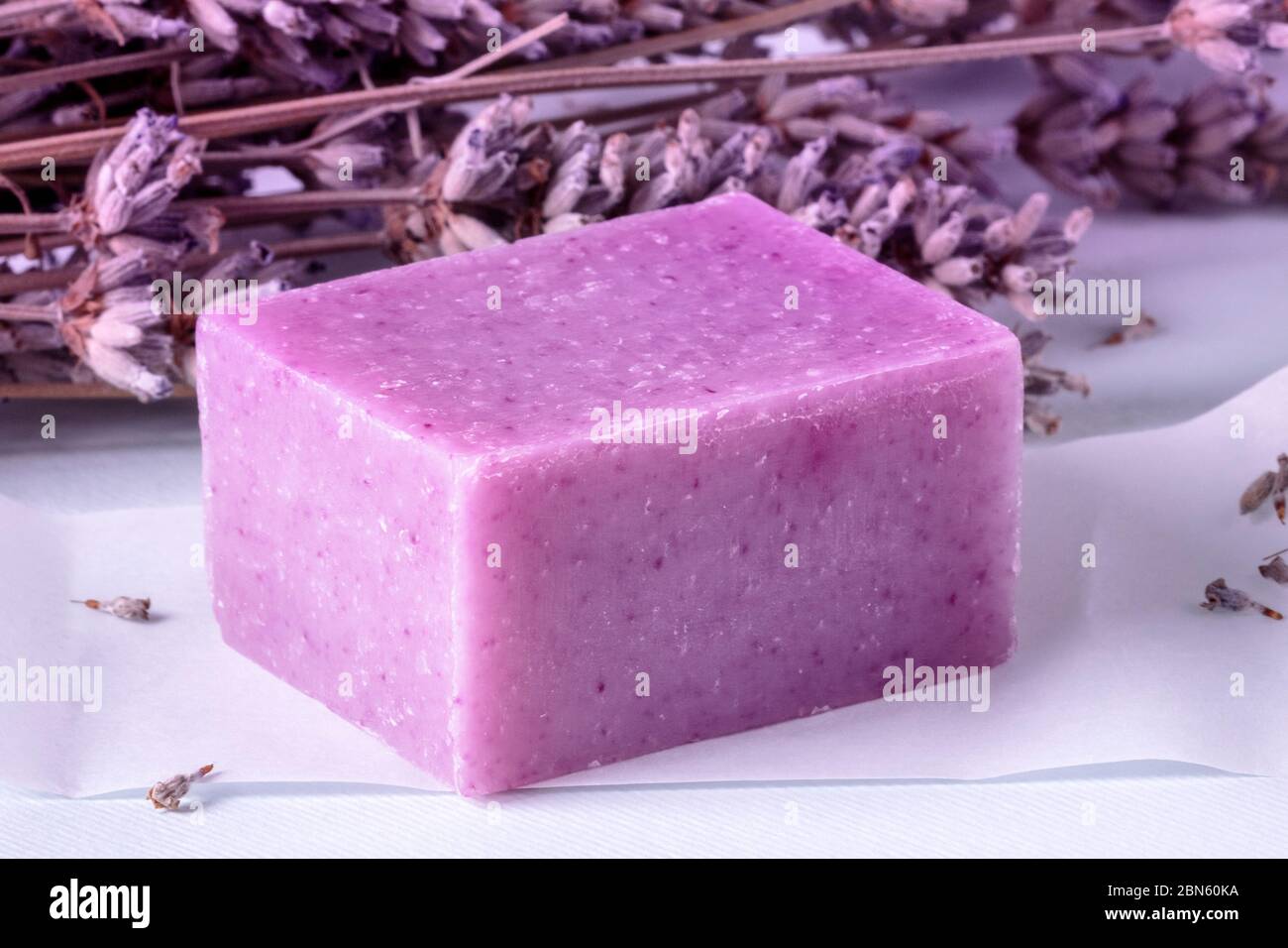 Lavender soap with dried lavender flowers, a close-up Stock Photo - Alamy