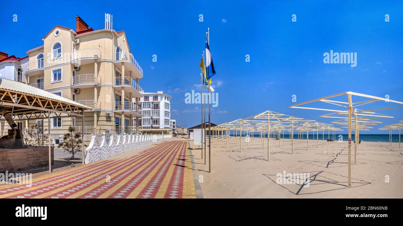 Zatoka, Ukraine 05.12.2020. Deserted beach during quarantine in the ...