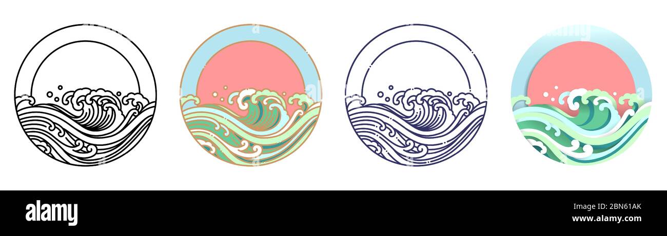 Japan wave water art vector illustration. Outline, flat, outline color ...