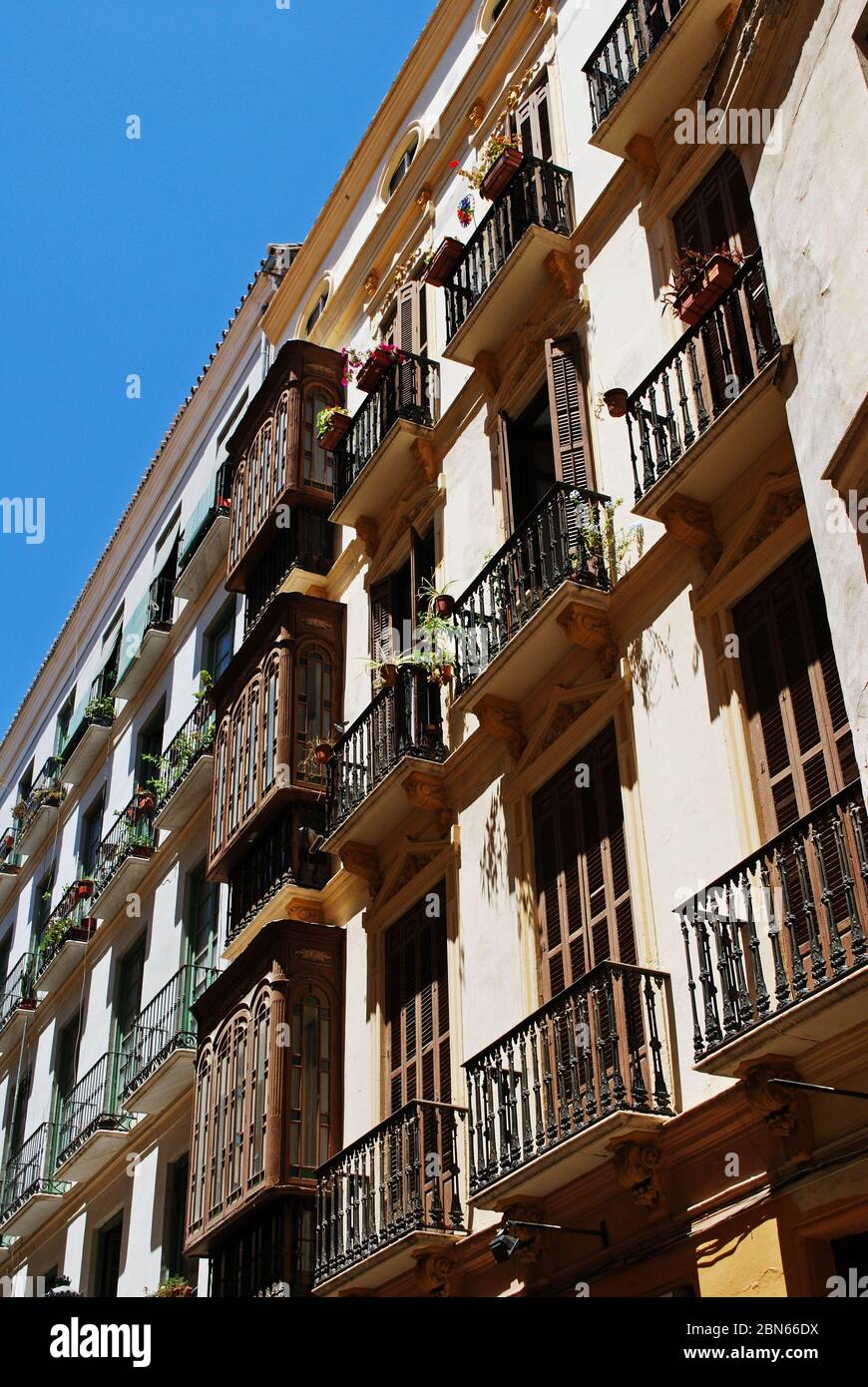 Traditional Spanish balconies on inner city apartments, Malaga, Malaga ...