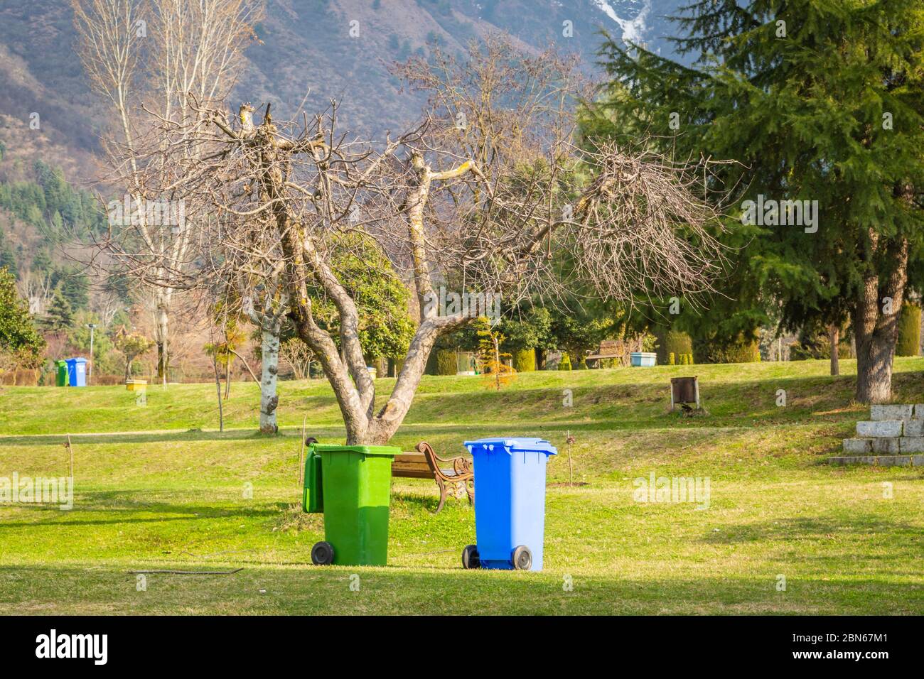 Trash bins for waste collection and segregation at a public park in ...
