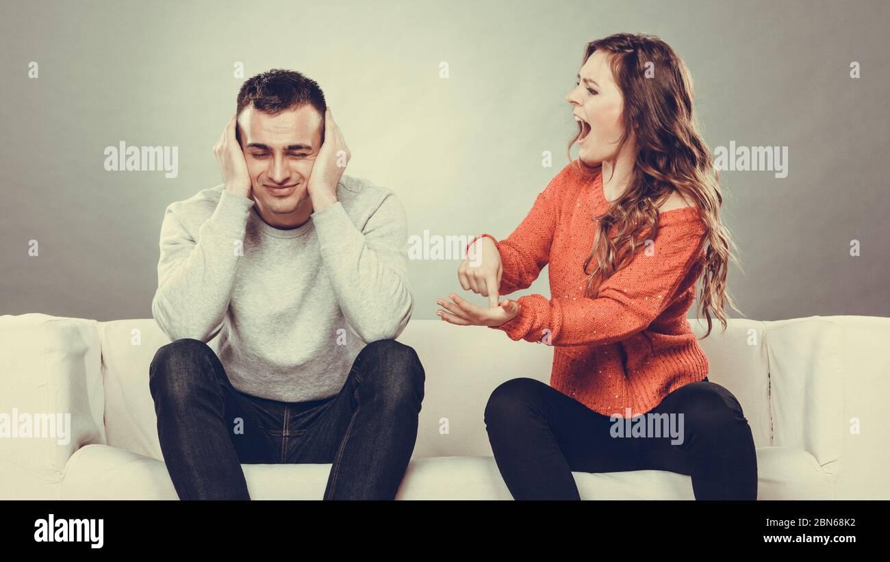 couple having argument - conflict, bad relationships. Angry fury woman ...