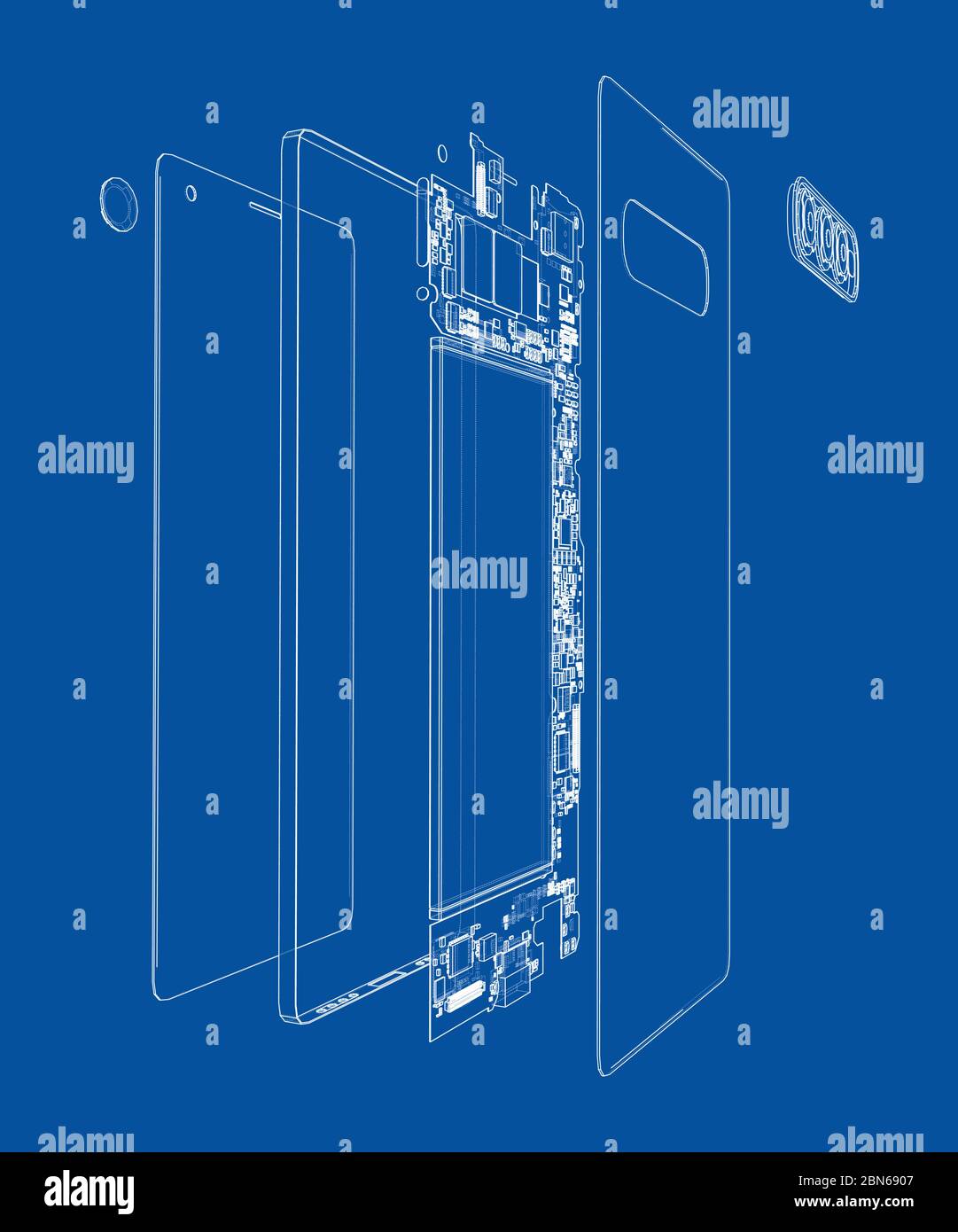 Disassembled smartphone concept outline. Vector rendering of 3d. Wire ...